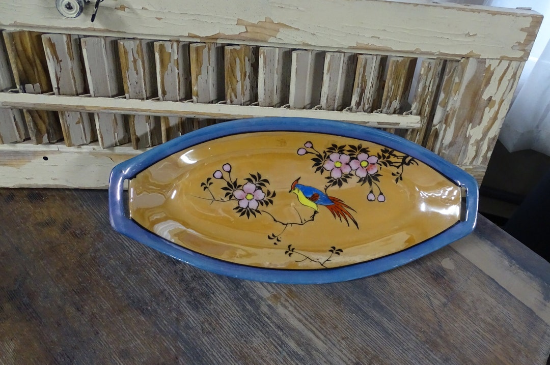 Vintage Takito Japan Lusterware Celery Dish: Hand-painted Tropical Bird ...