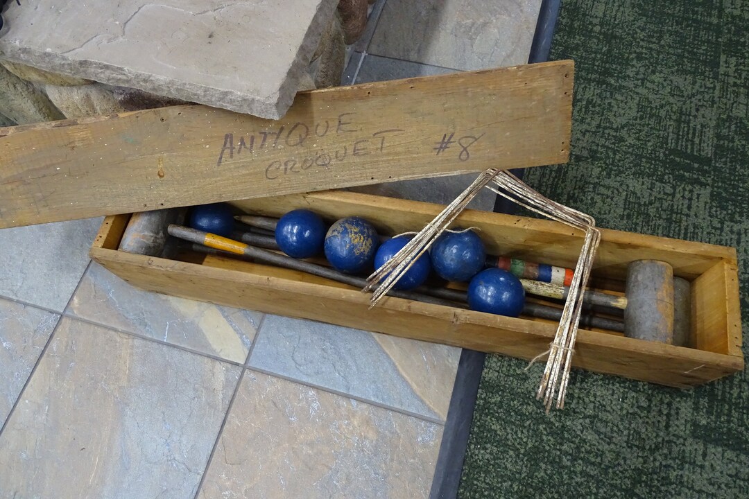 Antique Partial Croquet Set, 4 Mallets, Stick, Wickets, Blue Balls and ...