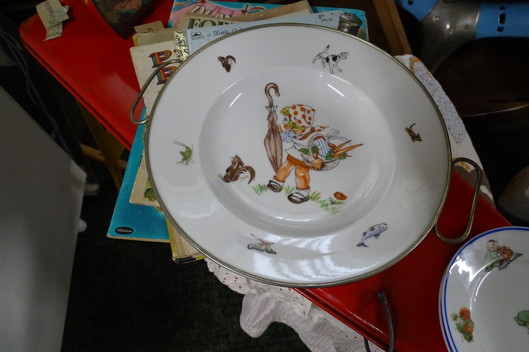Vintage Child's Feeding Dish: Metal Back, Painted Girl & Animals - Etsy