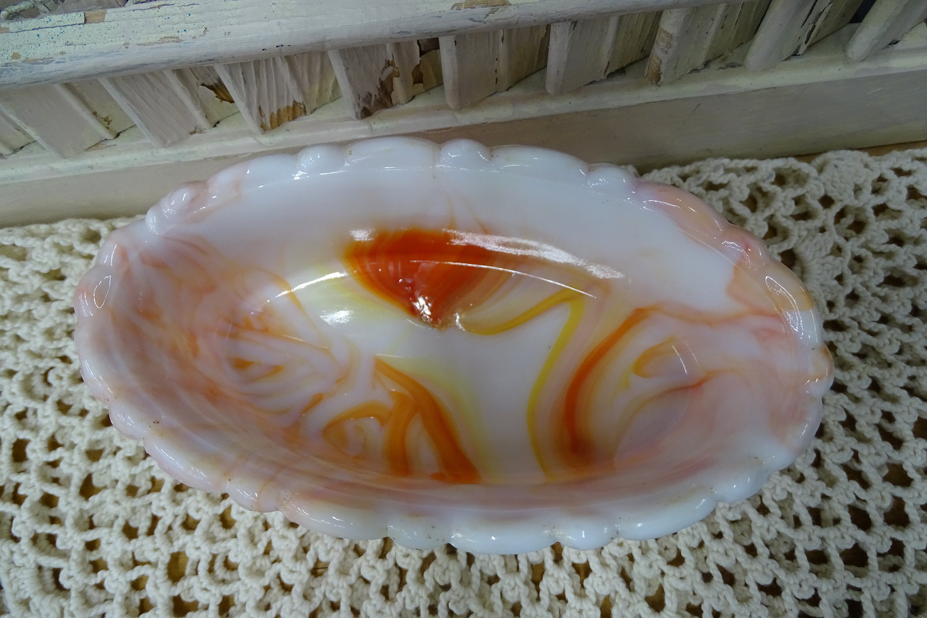 Vintage Akro Agate Glass #654 - Orange and White Vertically Ribbed Oval ...