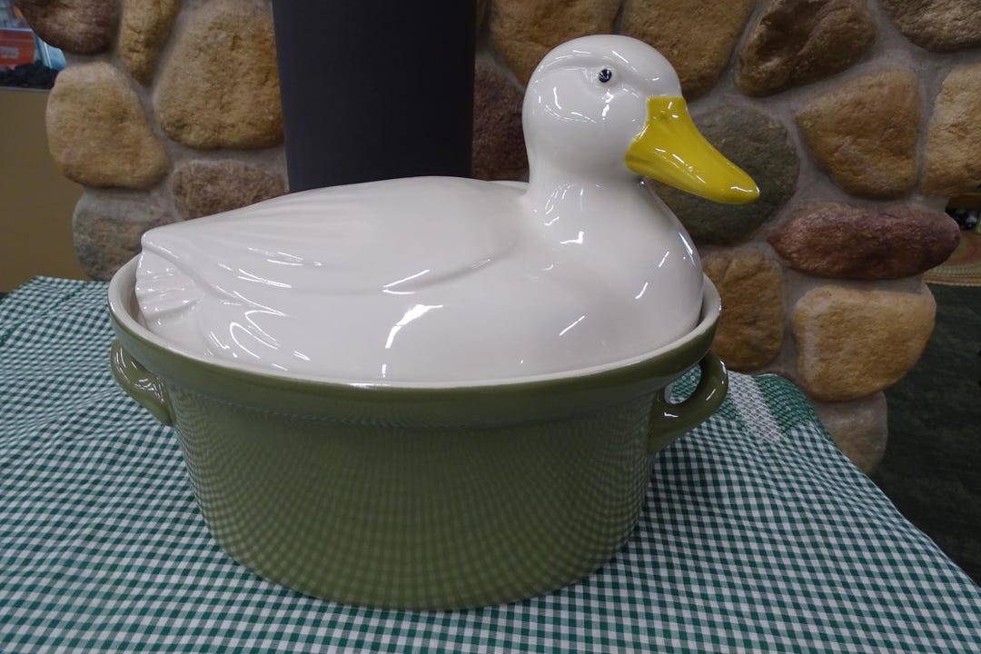 Vintage Carbone Ceramic Green/white Duck Covered Serving Dish, Vintage ...