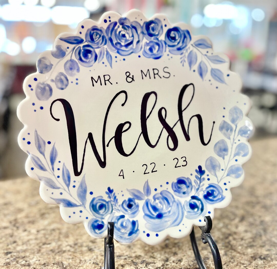 Custom Bride Groom Wedding Bridal Plate Hand Painted Floral Shower Gift ...