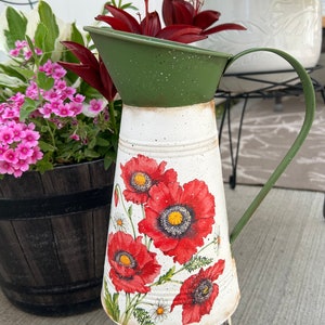 Decoupage Decorated Galvanized Metal Pitcher, Tabletop Accent, Country ...