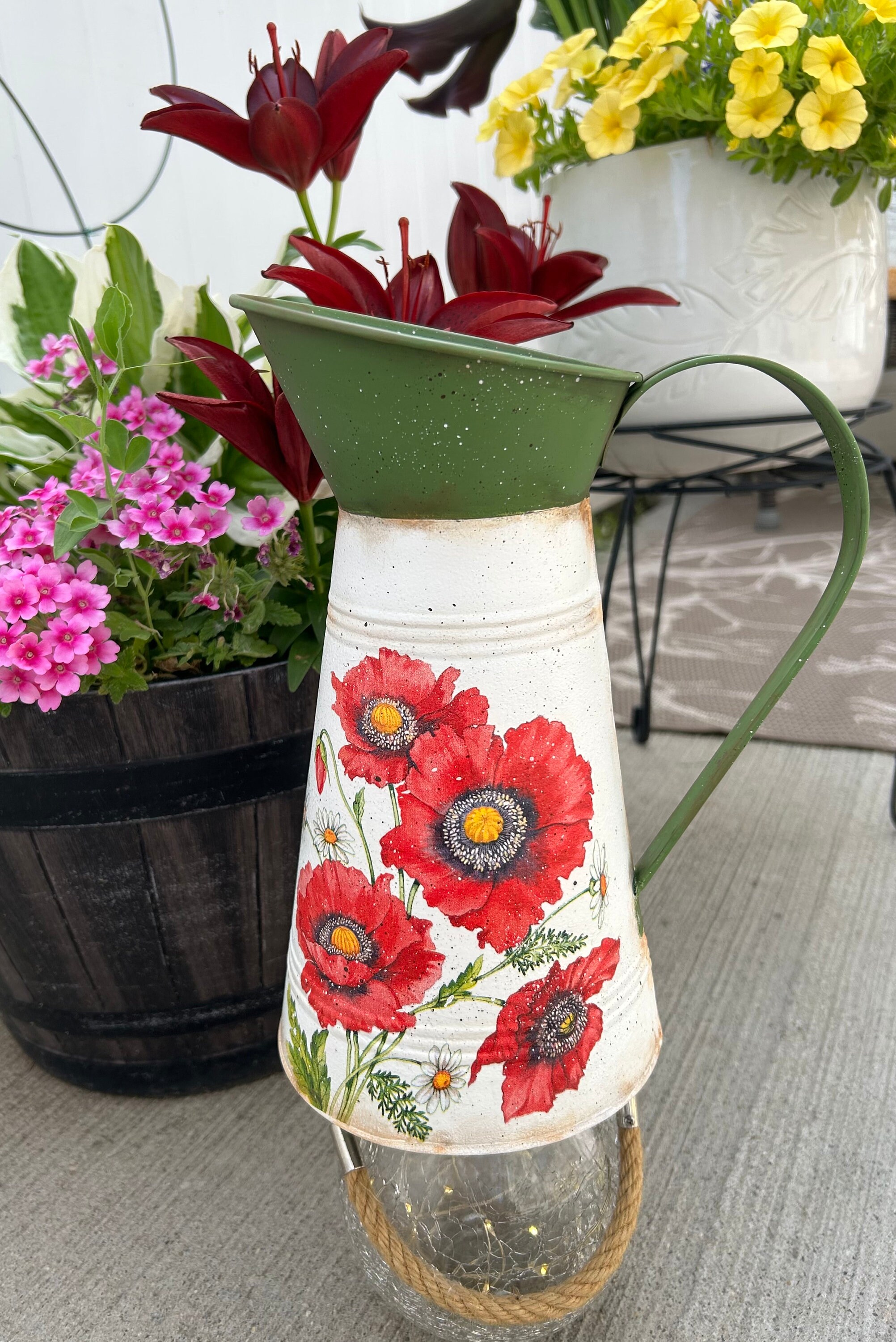 Decoupage Decorated Galvanized Metal Pitcher, Tabletop Accent, Country ...