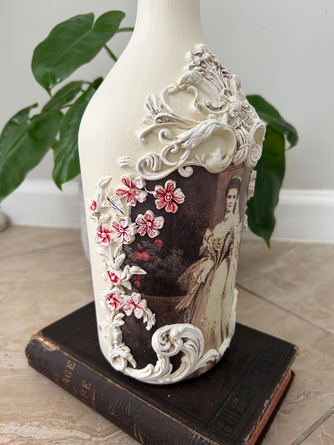 Handcrafted Decoupaged Bottle, Vintage Lady Decorative Accent, Unique ...