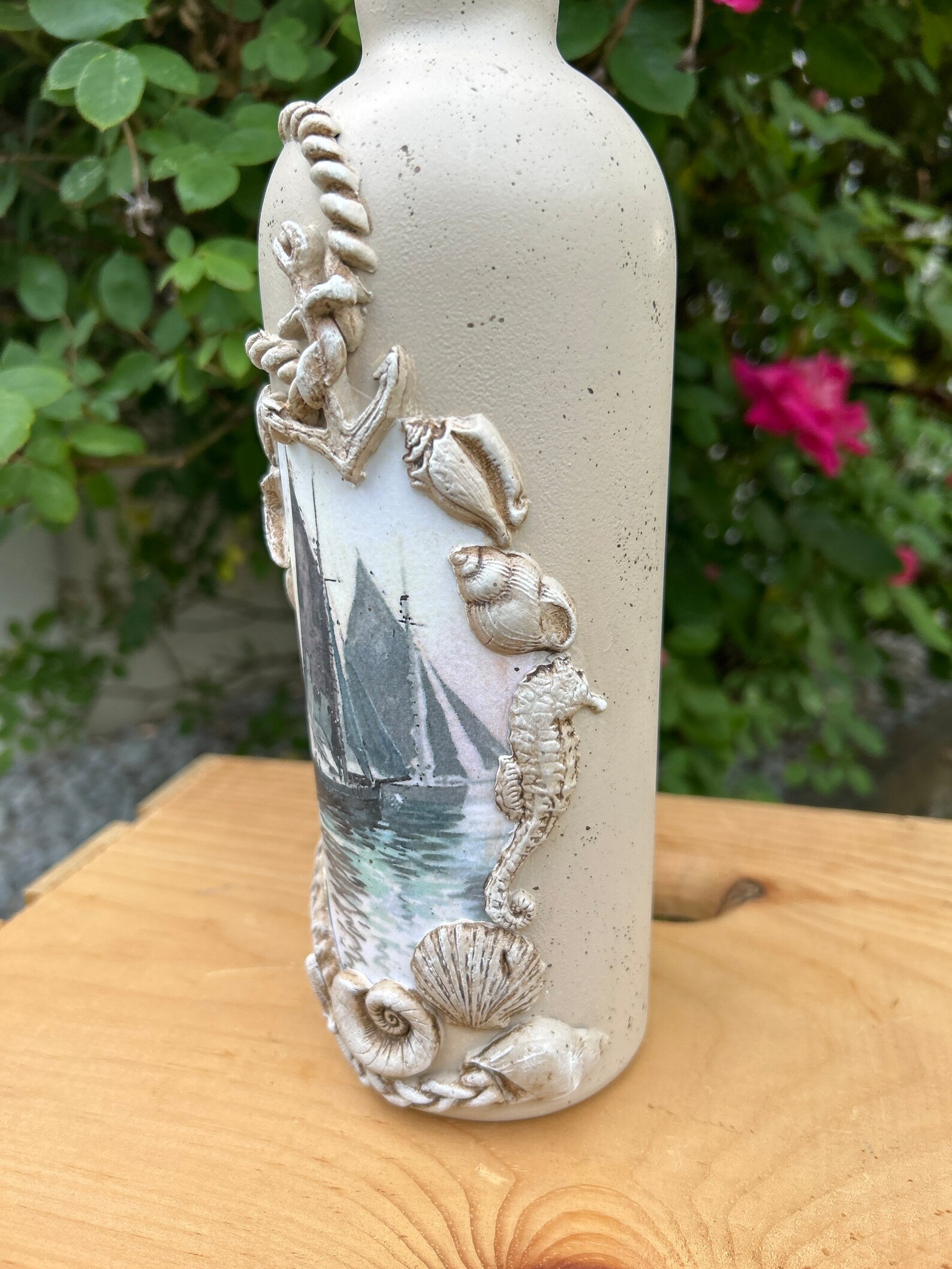Handcrafted, Nautical Decoupaged Bottle, Sea Theme Decorative Accent ...