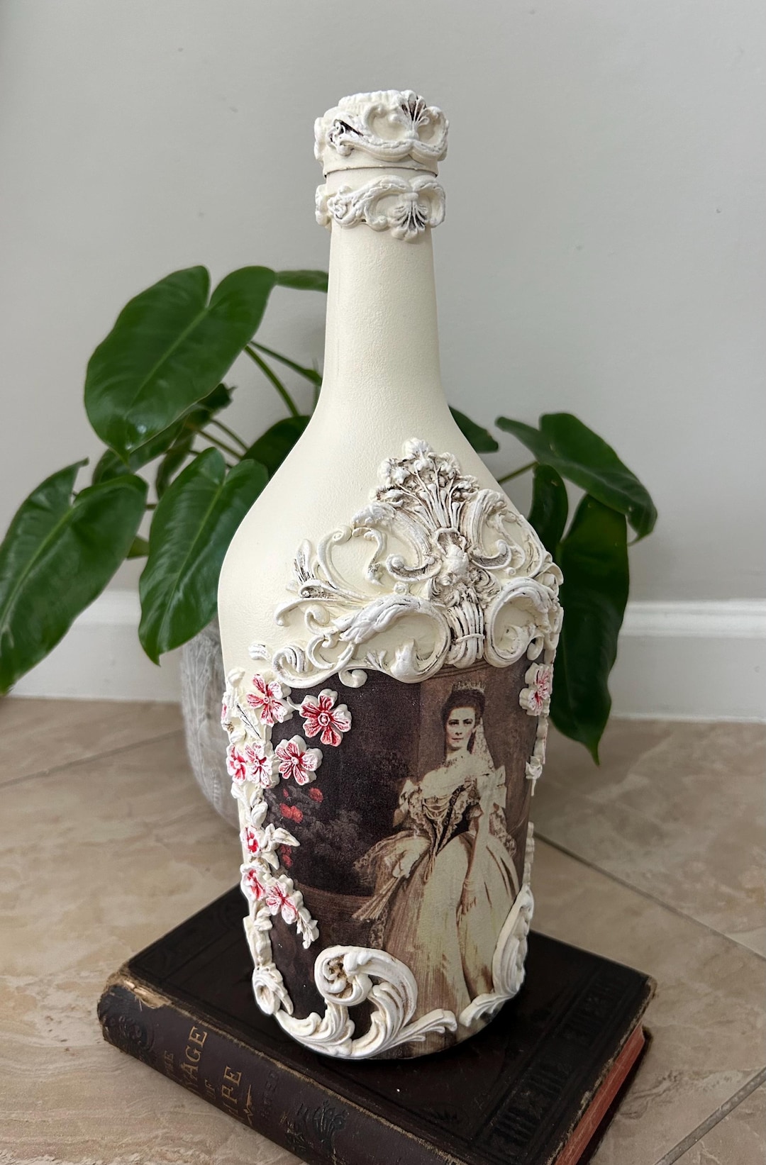 Handcrafted Decoupaged Bottle, Vintage Lady Decorative Accent, Unique ...