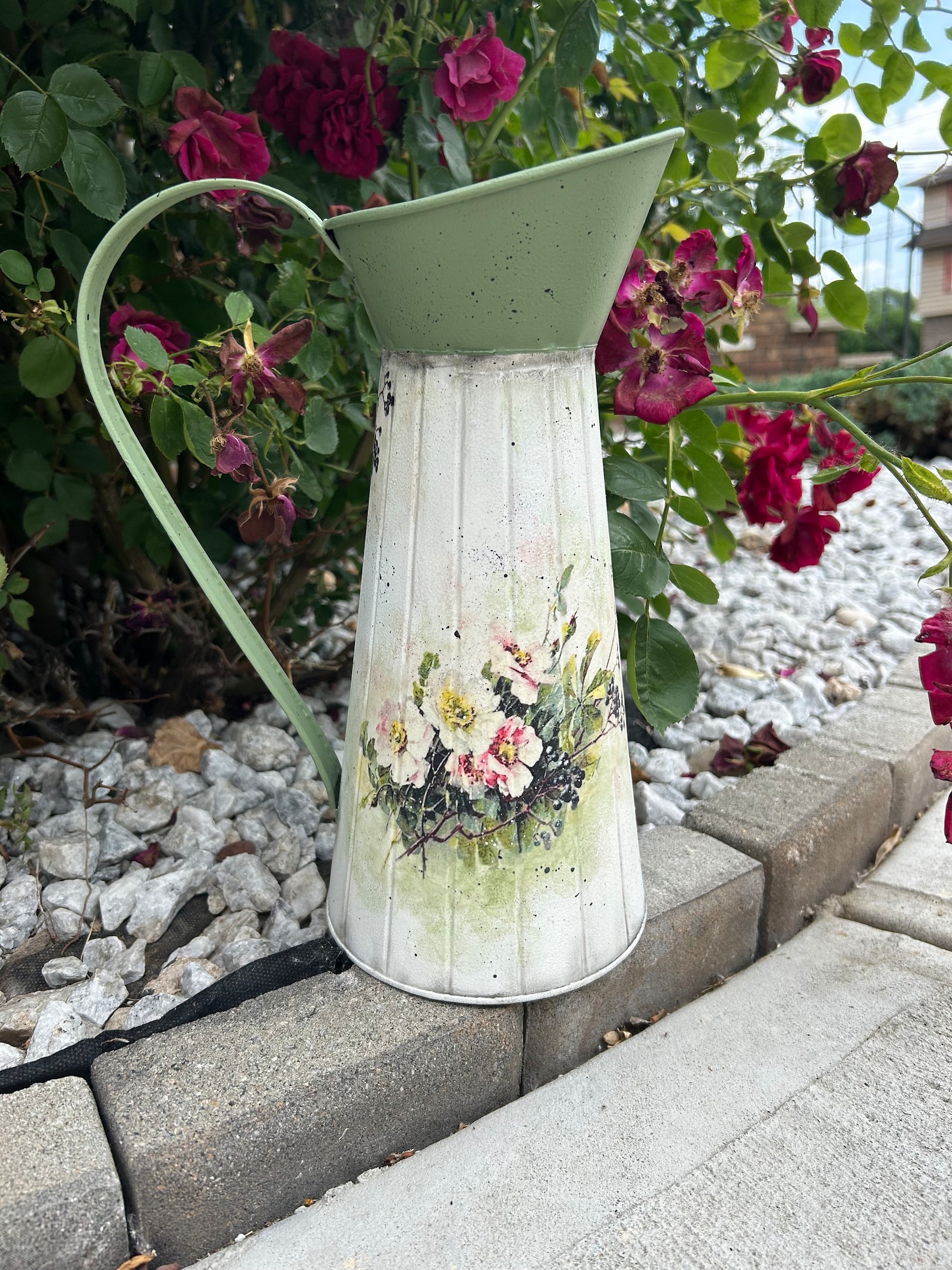 Decoupage Decorated Galvanized Metal Pitcher, Tabletop Accent, Country ...