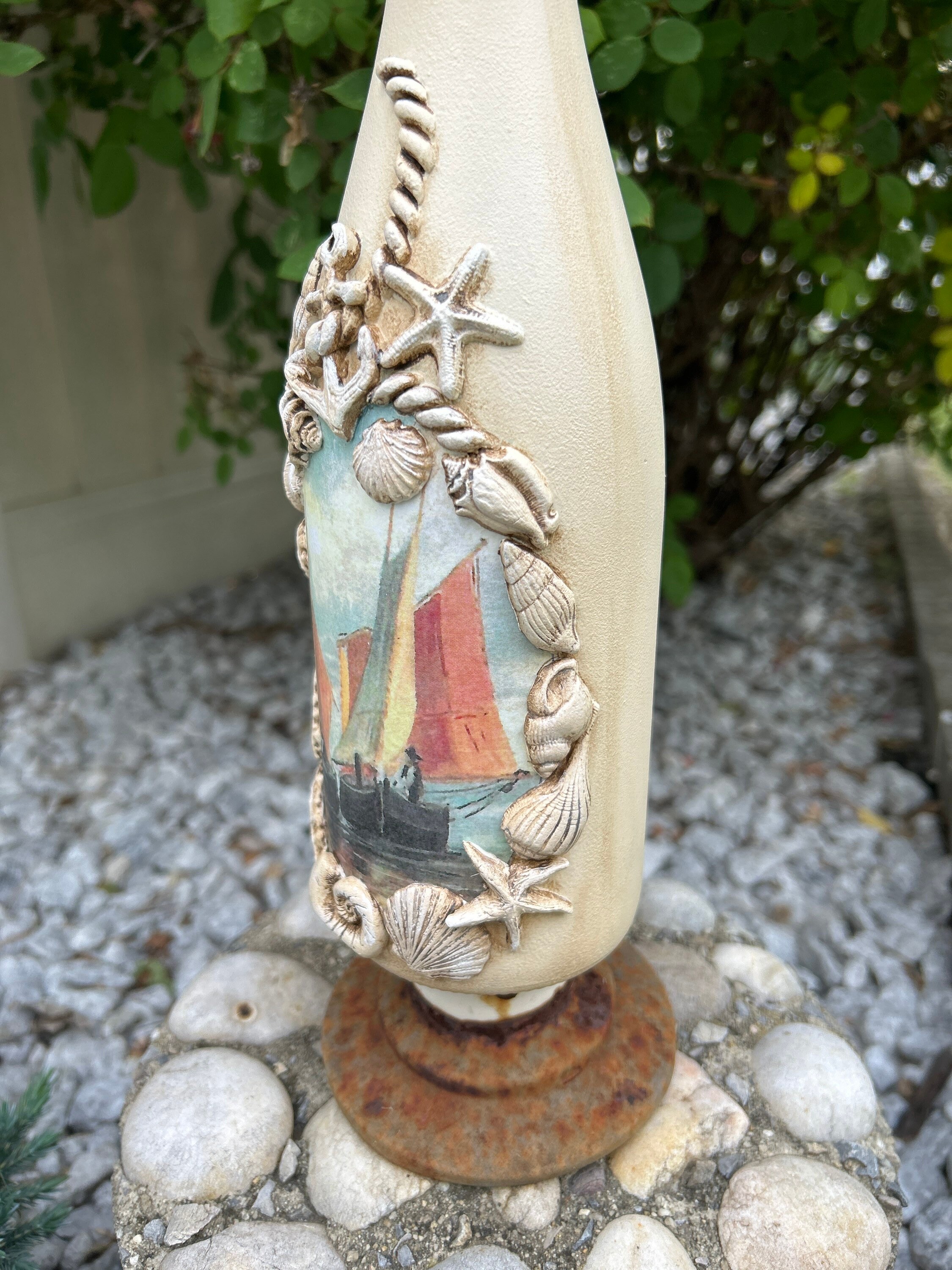 Handcrafted, Nautical Decoupaged Bottle, Sea Theme Decorative Accent ...