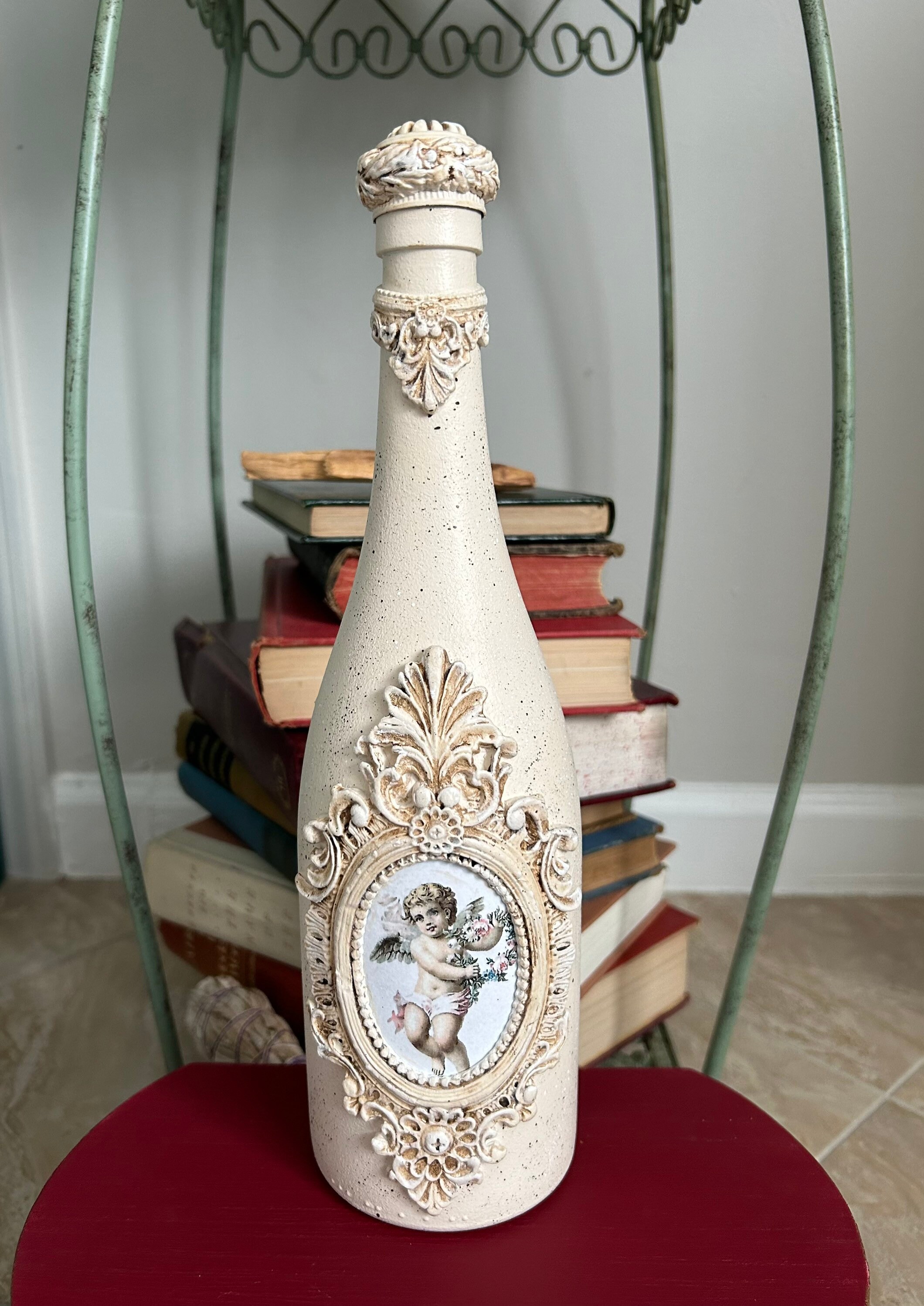 Handcrafted Angel Decoupaged Bottle, Decorative Accent, Rustic Home ...