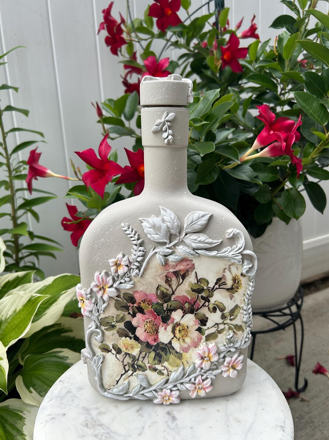 Handcrafted Floral Decoupaged Bottle, Floral Decorative Accent, Rustic Home Decor, Home Accent ...