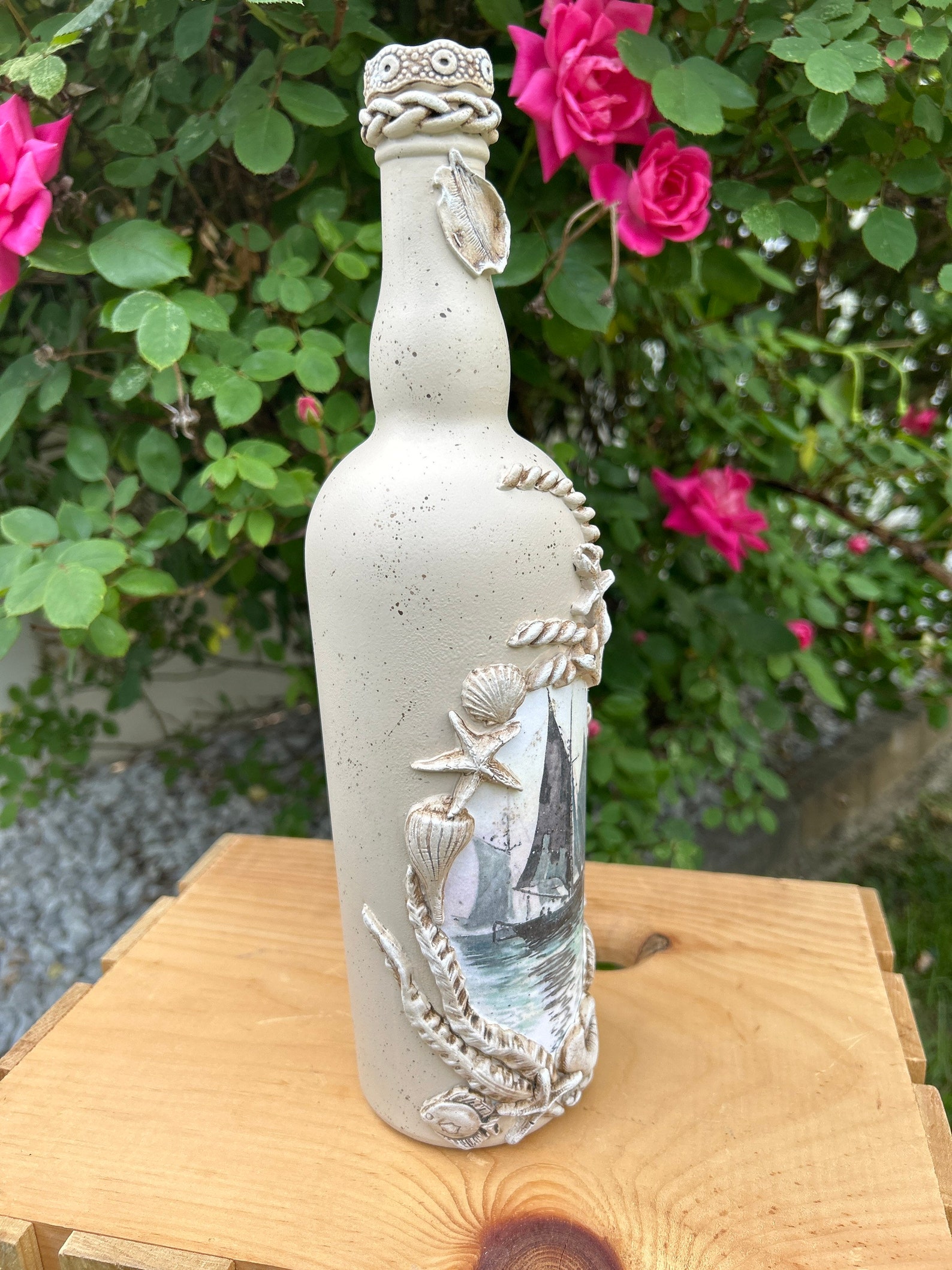 Handcrafted, Nautical Decoupaged Bottle, Sea Theme Decorative Accent ...