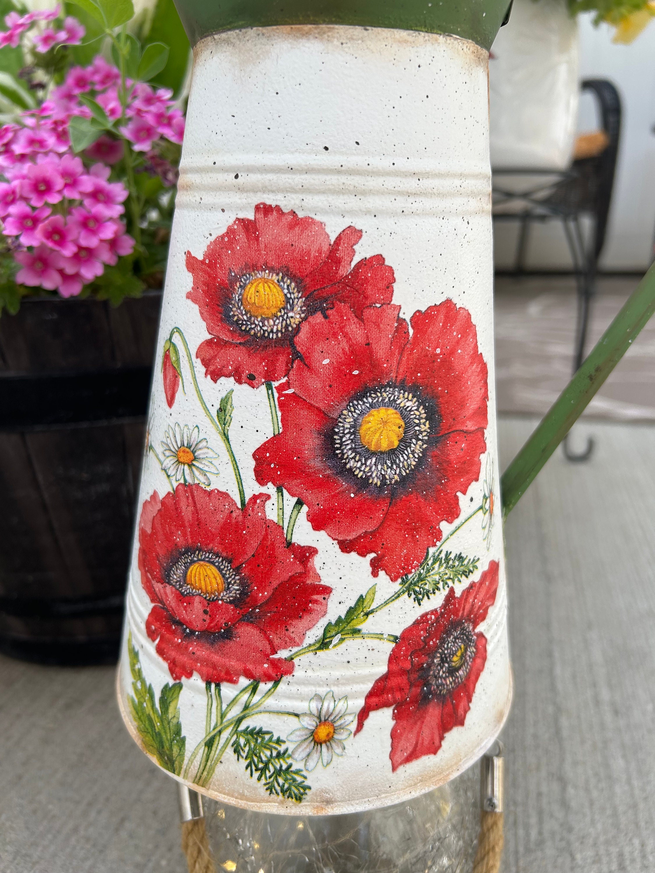 Decoupage Decorated Galvanized Metal Pitcher, Tabletop Accent, Country ...