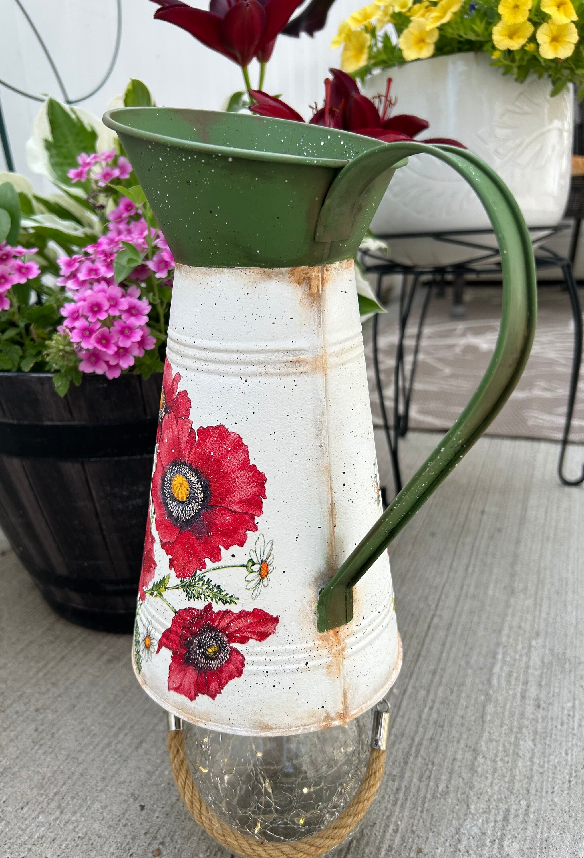 Decoupage Decorated Galvanized Metal Pitcher, Tabletop Accent, Country ...