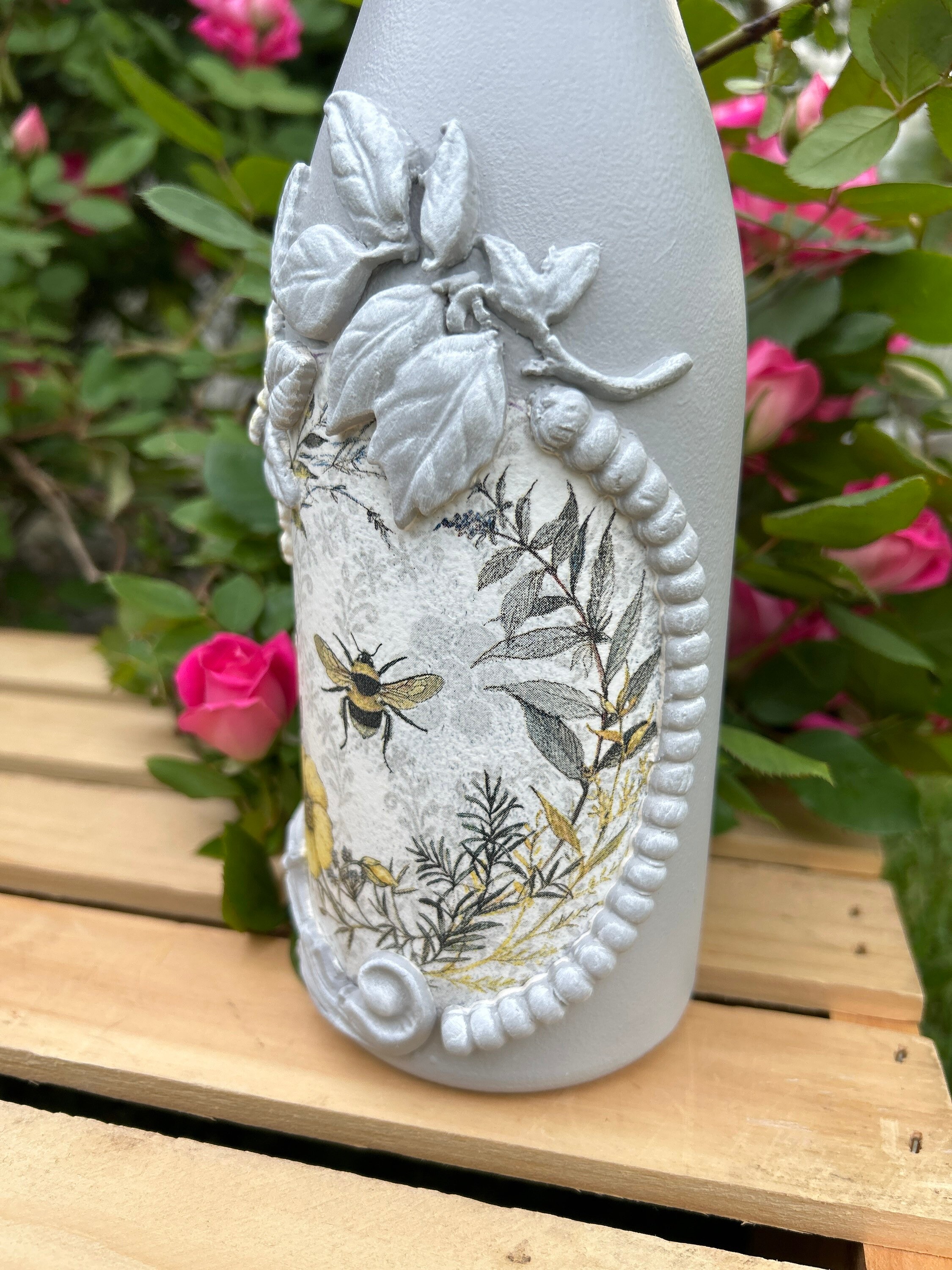 Hand Painted Decoupage Glass Bottle, Decoupage Bottle, Decorative ...