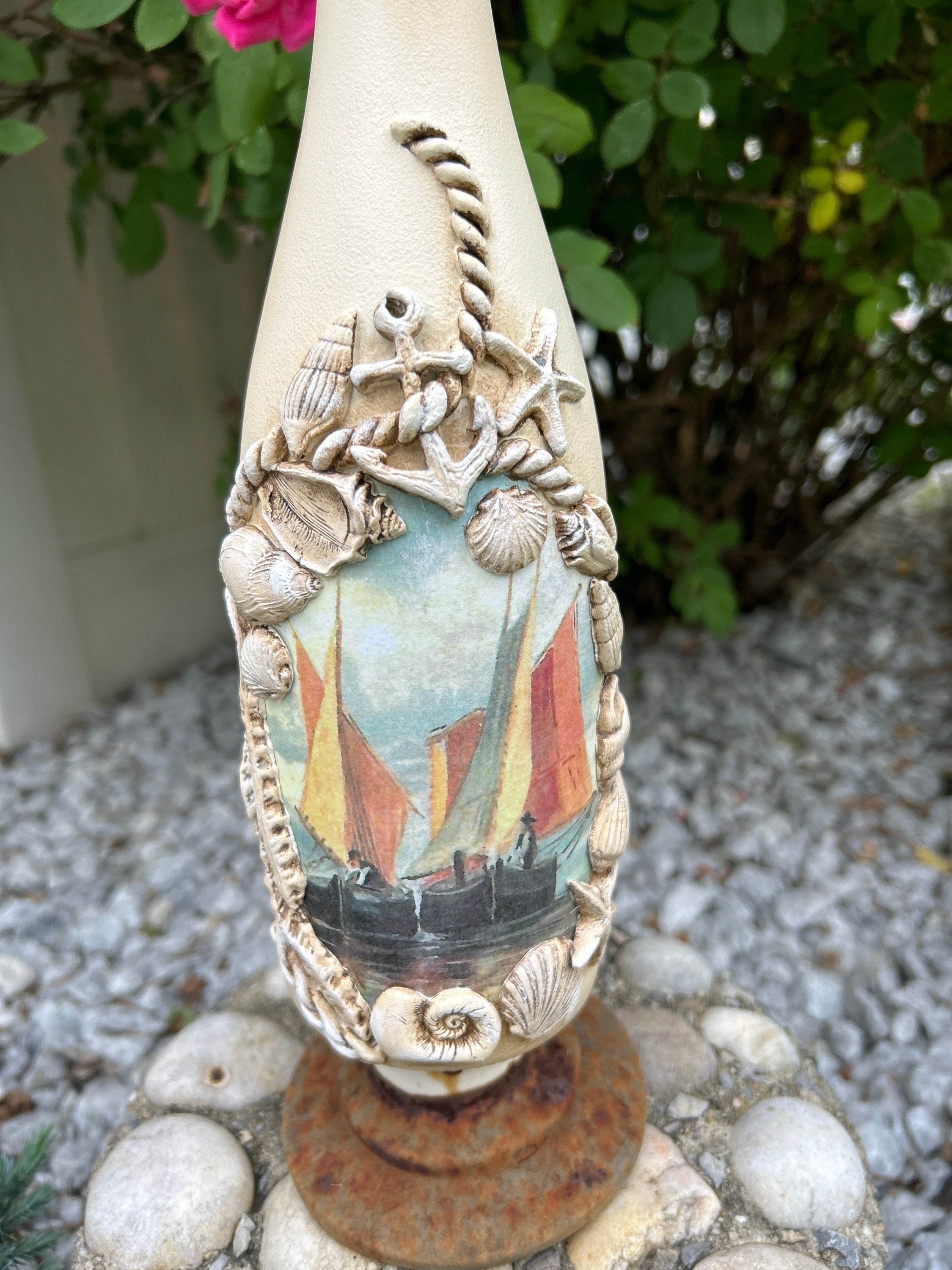 Handcrafted, Nautical Decoupaged Bottle, Sea Theme Decorative Accent ...