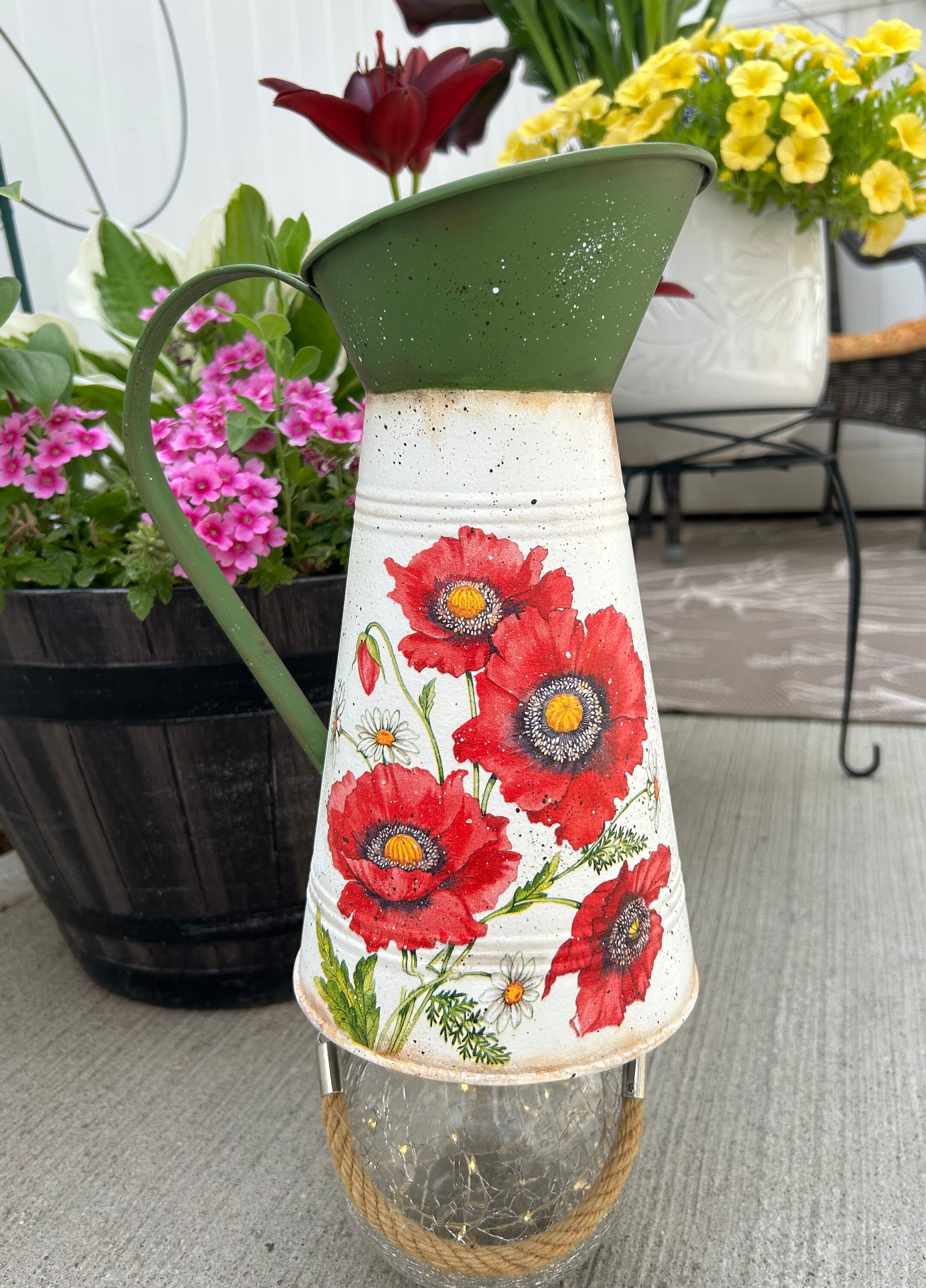 Decoupage Decorated Galvanized Metal Pitcher, Tabletop Accent, Country ...
