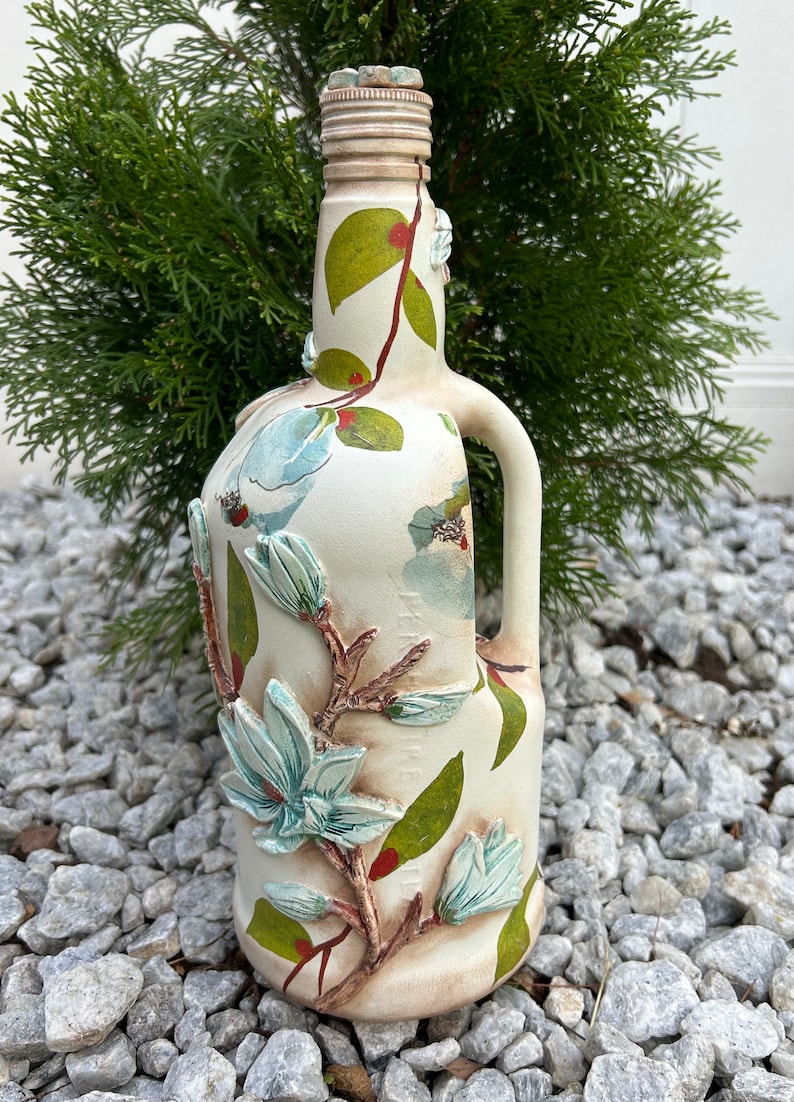 Hand Painted and Magnolia Decoupage Bottle, Decorative Jug, Bottle ...