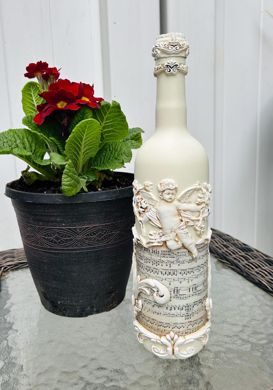 Hand Painted Decoupage Glass Bottle, Music Notes Decor, Decoupage ...