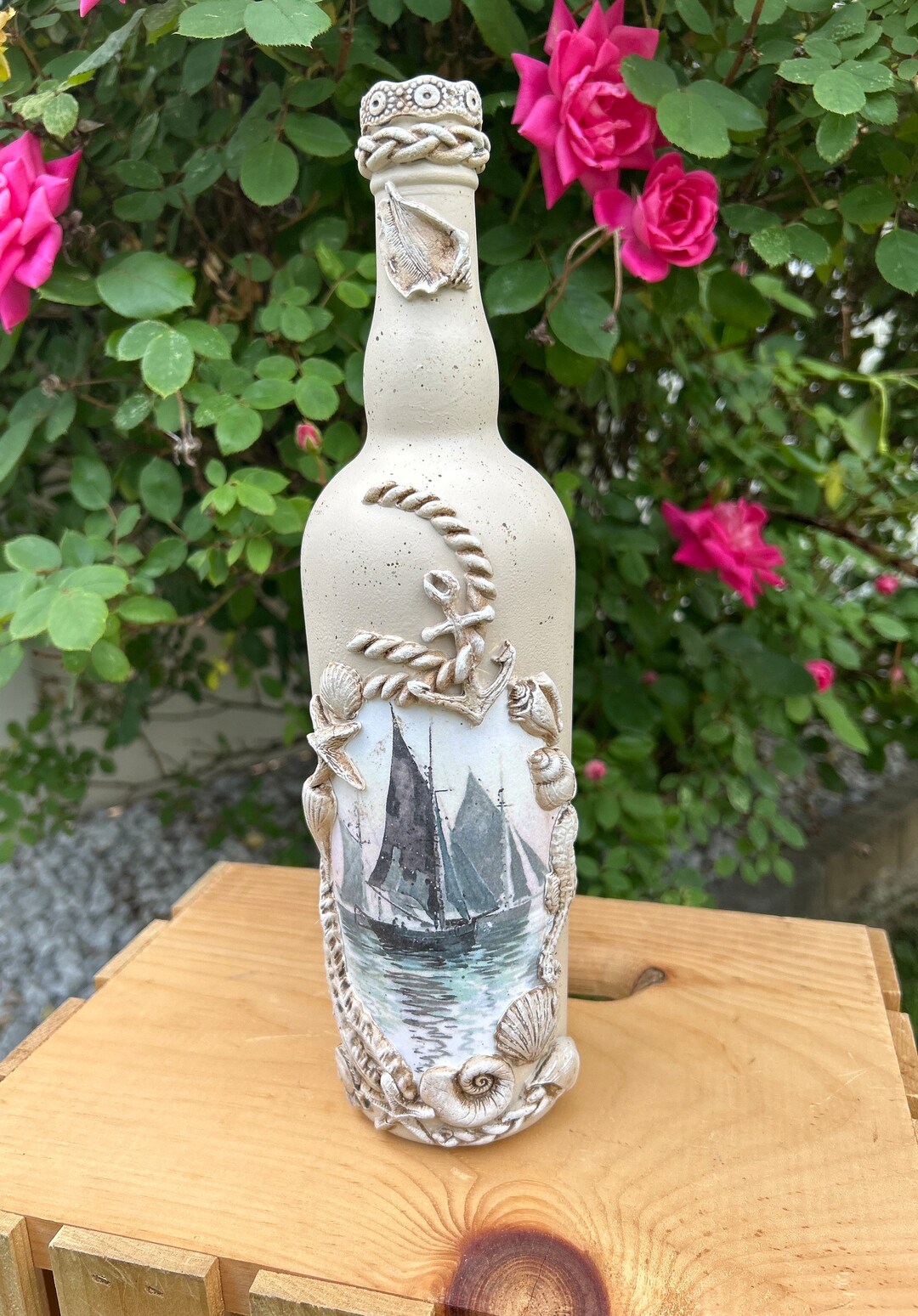 Handcrafted, Nautical Decoupaged Bottle, Sea Theme Decorative Accent ...
