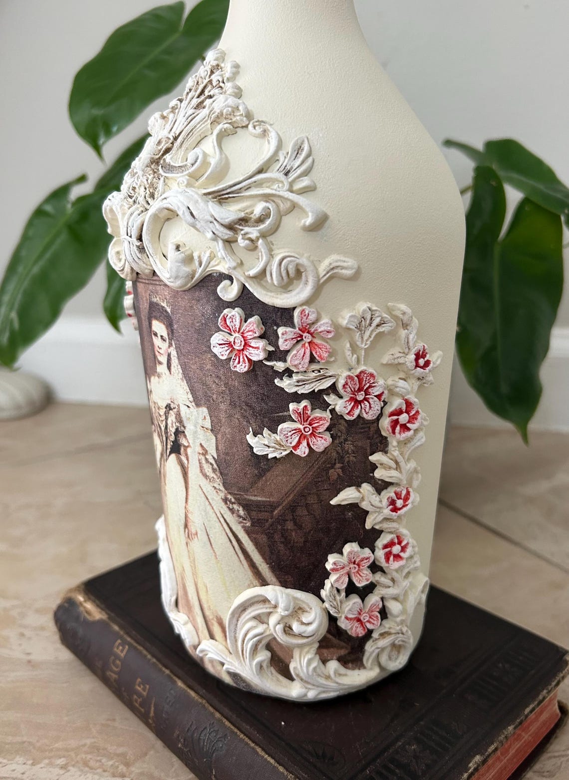Handcrafted Decoupaged Bottle, Vintage Lady Decorative Accent, Unique ...