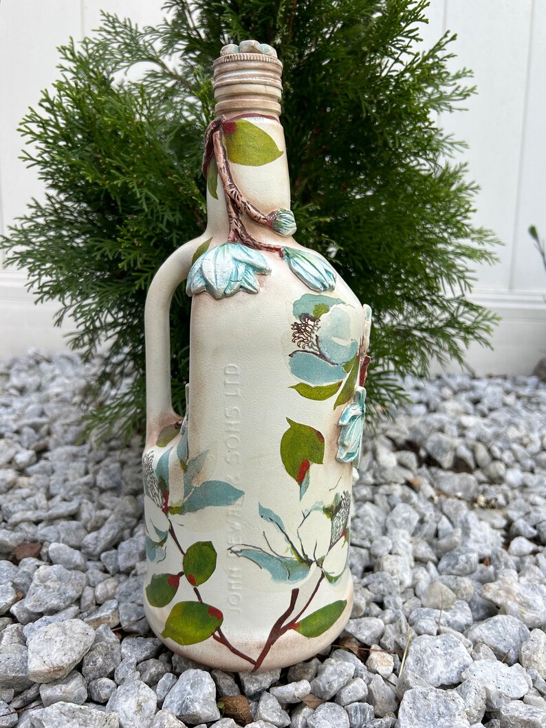 Hand Painted and Magnolia Decoupage Bottle, Decorative Jug, Bottle ...