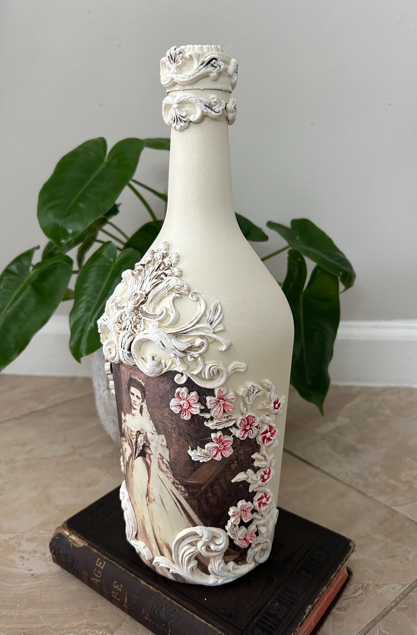 Handcrafted Decoupaged Bottle, Vintage Lady Decorative Accent, Unique ...
