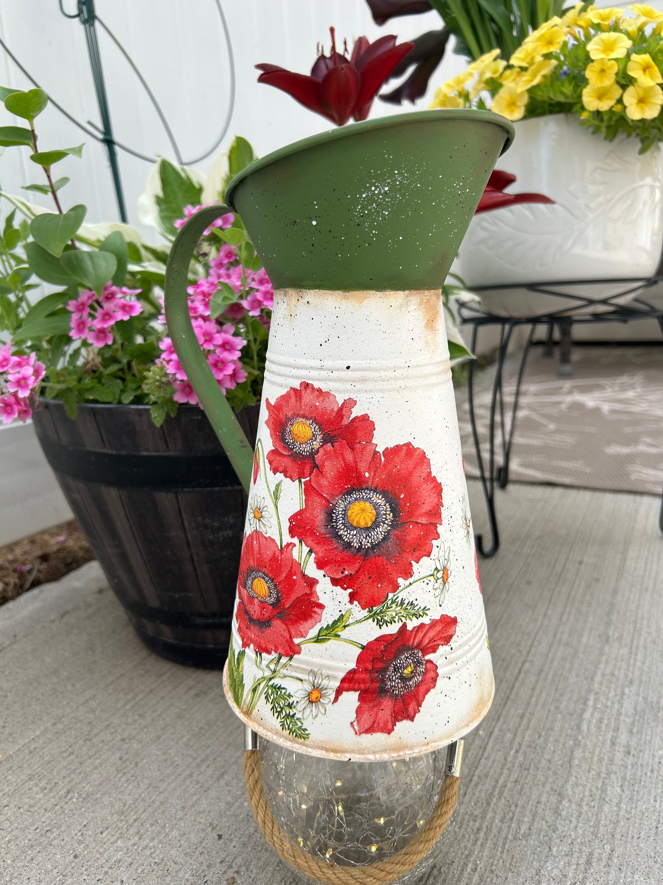 Decoupage Decorated Galvanized Metal Pitcher, Tabletop Accent, Country ...
