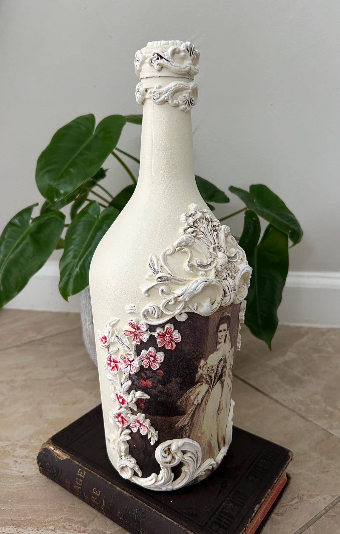Handcrafted Decoupaged Bottle, Vintage Lady Decorative Accent, Unique ...