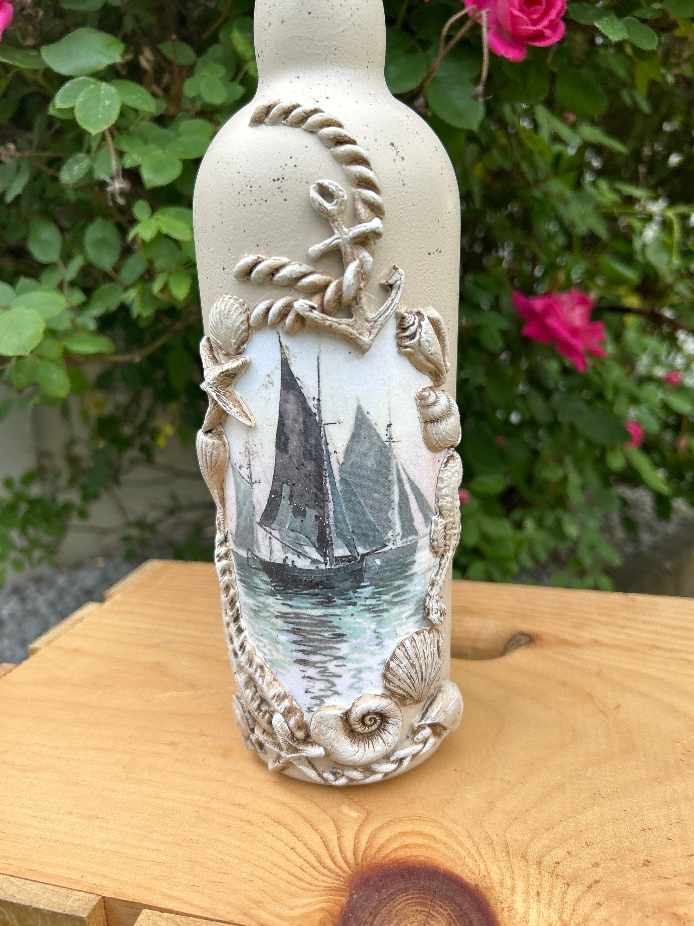 Handcrafted, Nautical Decoupaged Bottle, Sea Theme Decorative Accent ...