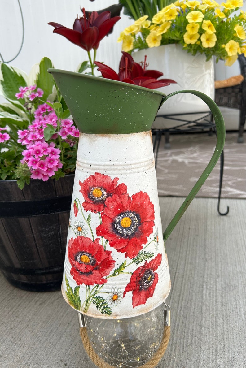 Decoupage Decorated Galvanized Metal Pitcher, Tabletop Accent, Country ...