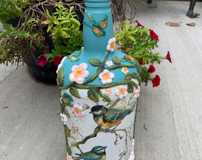 Hand Painted and Birds Decoupage Bottle, Decorative Jug, Up-cycled ...