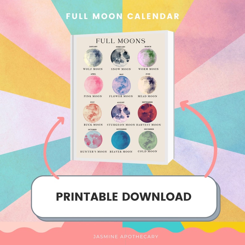 Full Moon Calendar Printable Poster, Moon Phases, Digital Calendar - Etsy