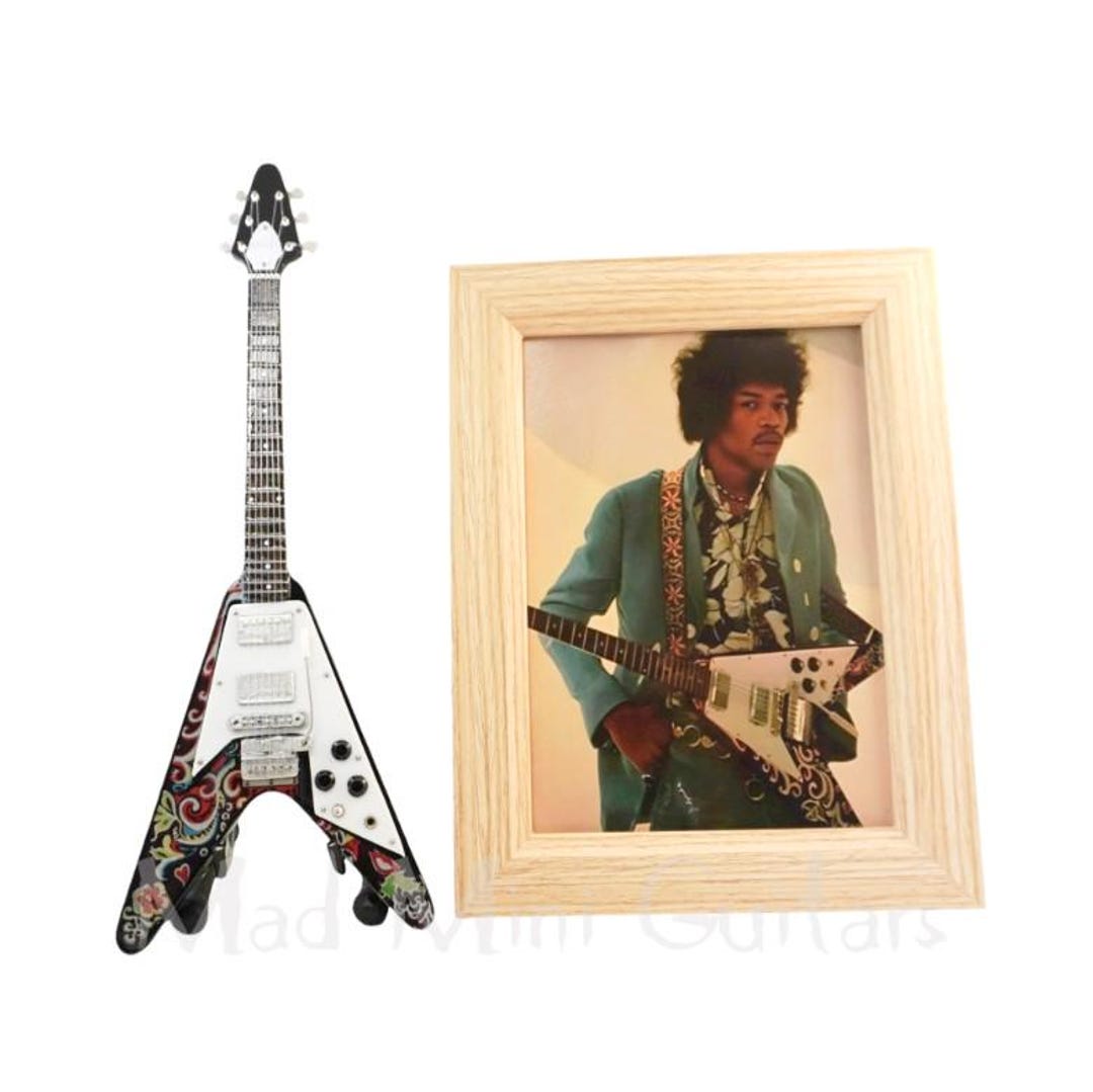Miniature Guitar JIMI HENDRIX With Stand + Photo + Frame 5X7 Flying V ...