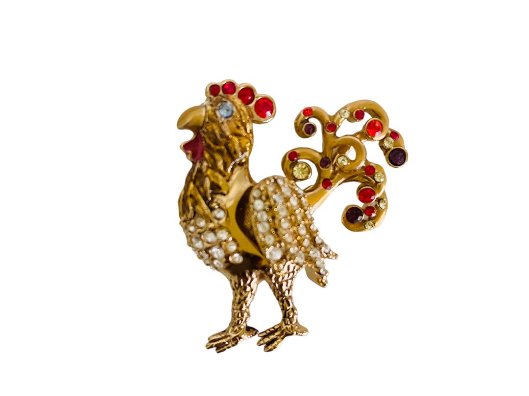 St. John Articulated Rooster Crystal Rhinestone Gold Tone Brooch RARE ...