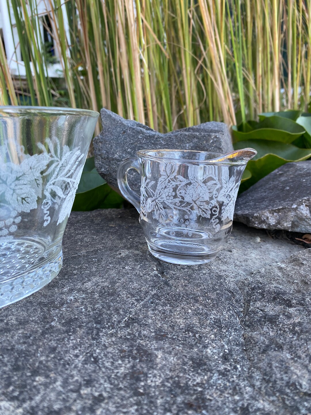 Vintage Bartlett Collins Etched Glass Bowl & Creamer Set - Etsy