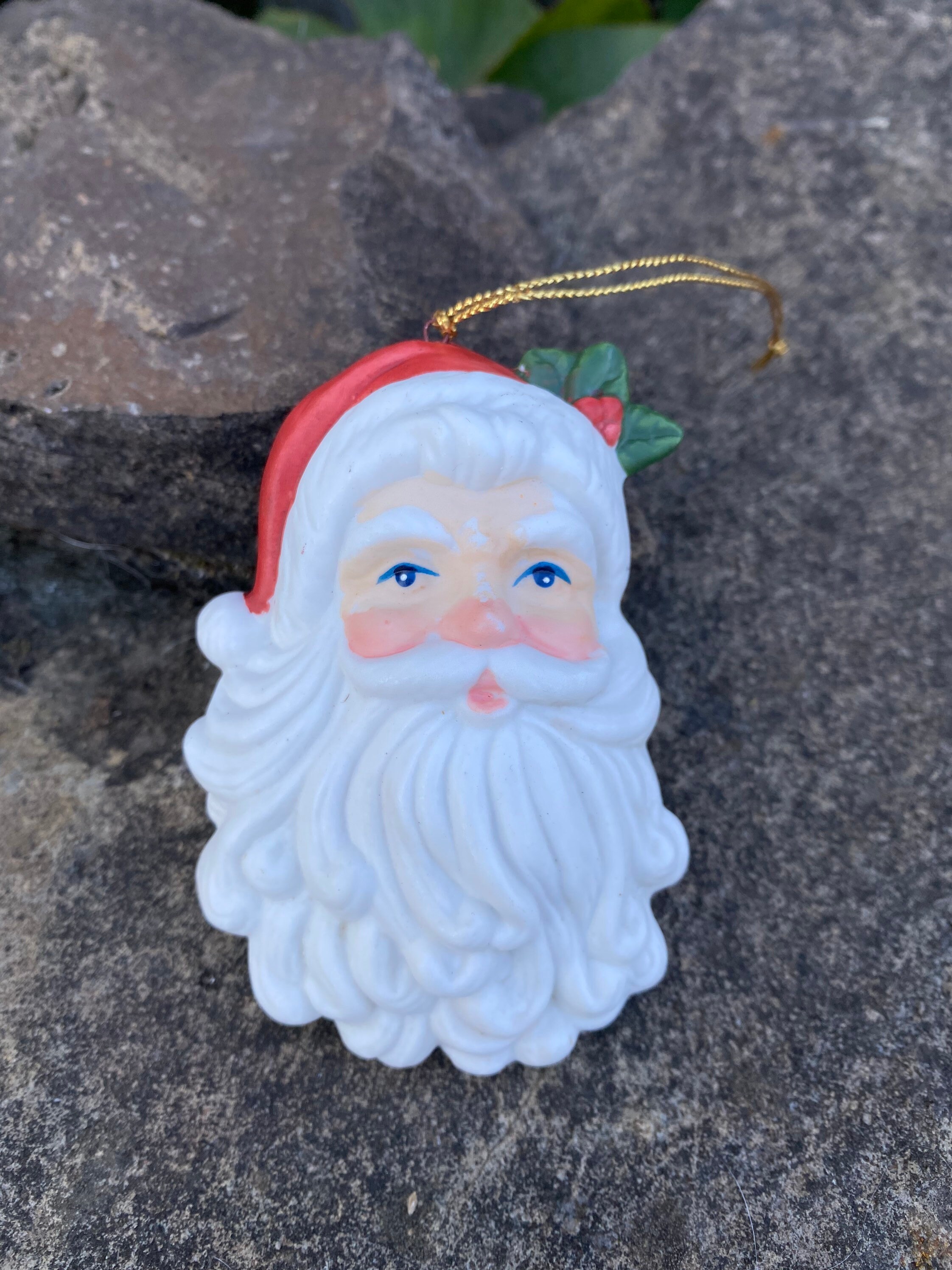 Christmas Tree Ornament Ceramic Santa Head Red Hat Vintage - Etsy
