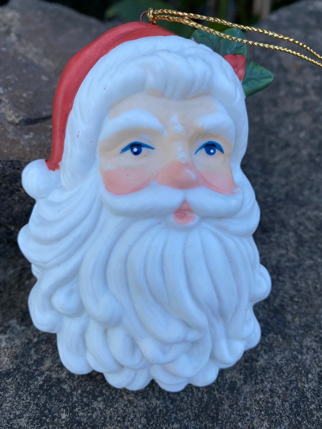 Christmas Tree Ornament Ceramic Santa Head Red Hat Vintage - Etsy