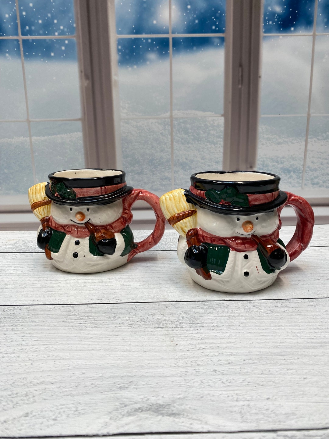 Vtg Fine Ceramic Christmas Snowman Mugs, Hand Decorated Set of 2 - Etsy