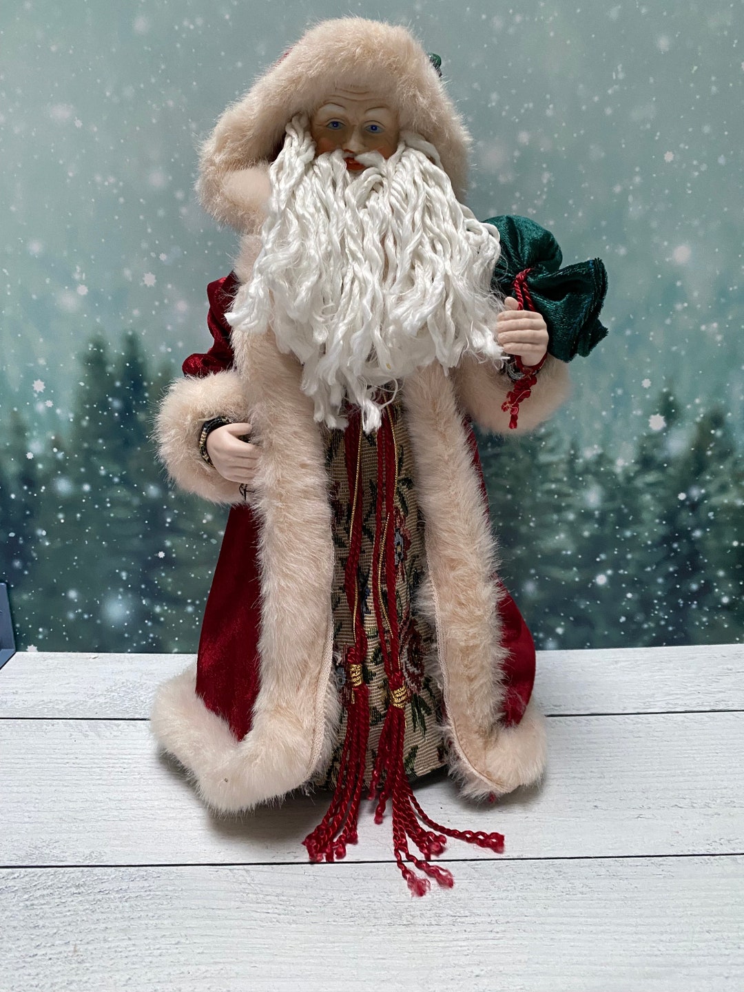 VTG Tapestry Gown & Fur Lined Red Robe Santa Claus With Gift Bag Tree ...