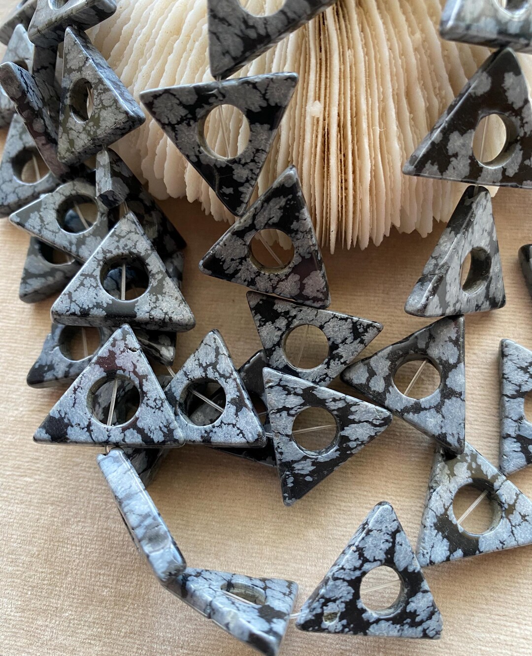 Genuine Stone Snow Flake Obsidian 20mm Triangle With Donut Beads 16 ...