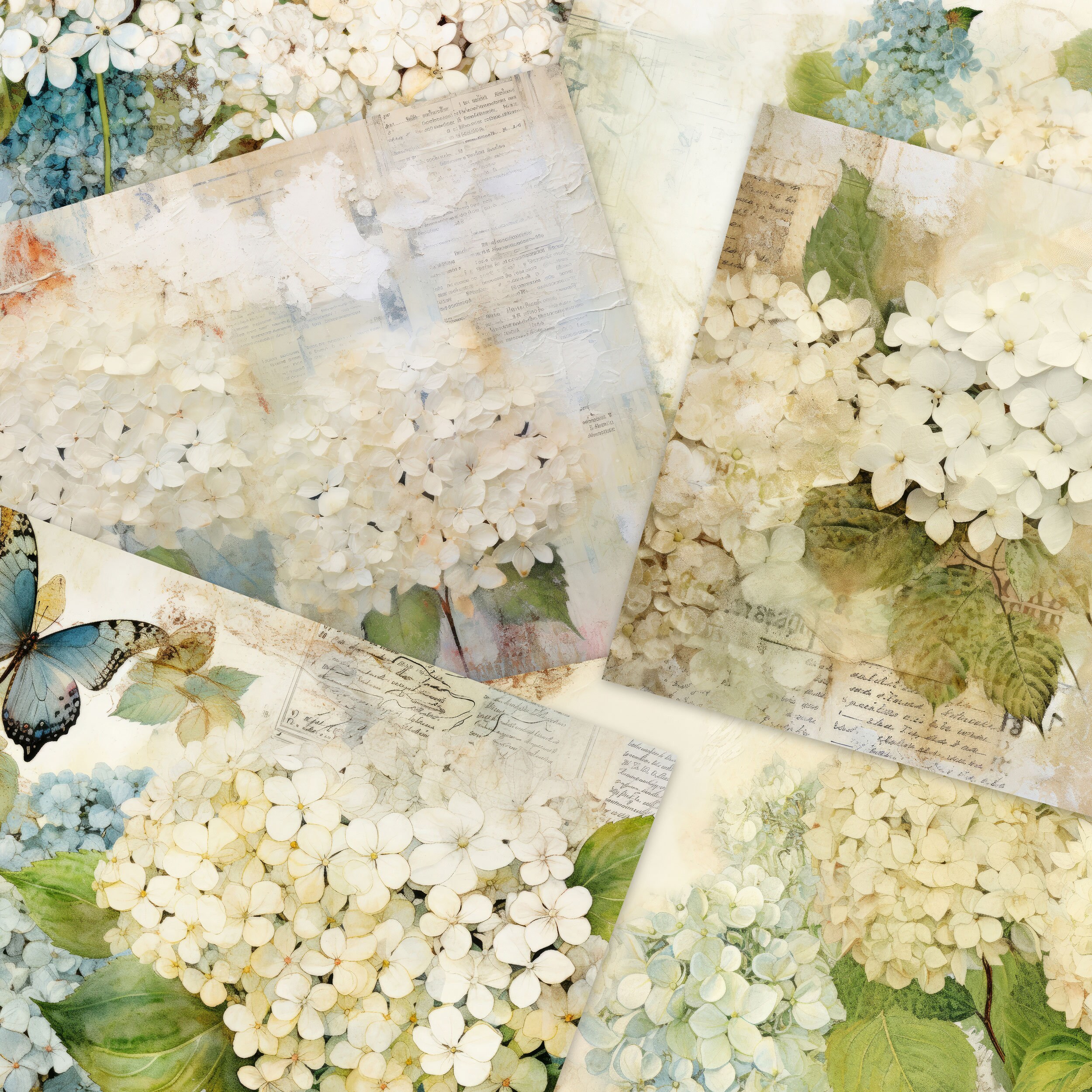 White Hydrangea Junk Journal Digital Paper, 6 Digital Journal Pages, Printable Ephemera Paper ...