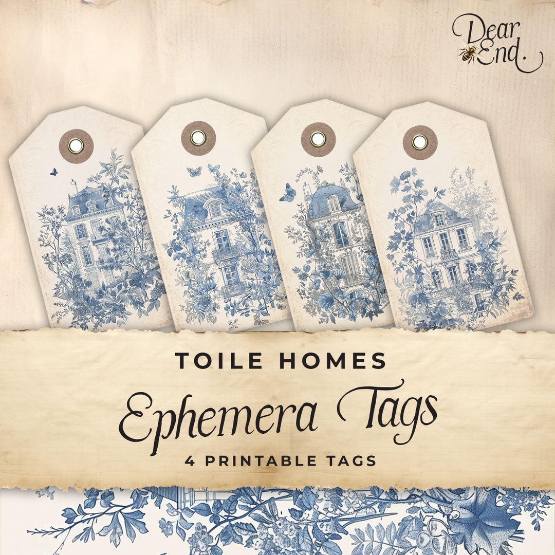 Blue Toile Junk Journal Tags, Shabby Chic Extras Pack, Digital ...