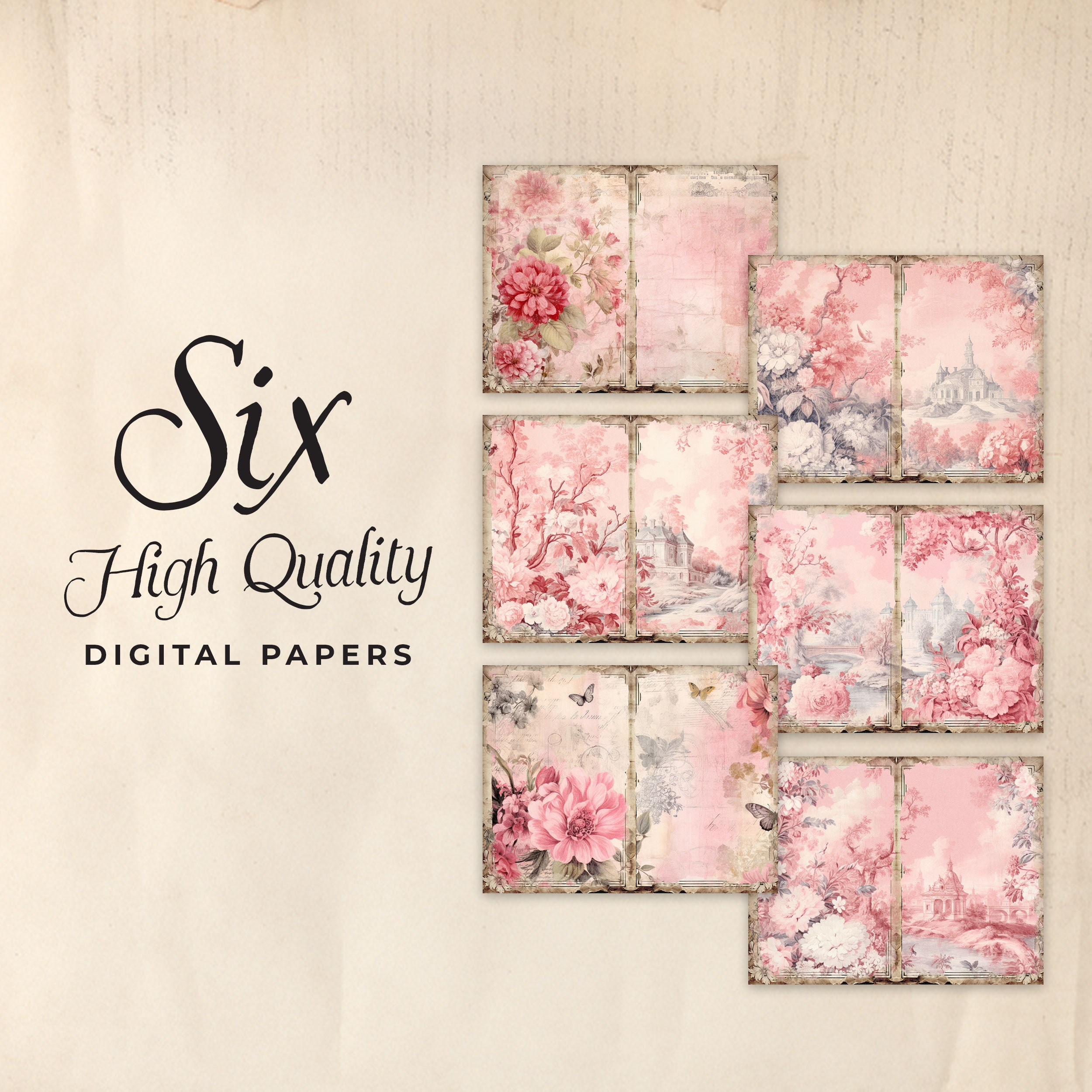 Pink Toile Junk Journal Digital Paper, Shabby Chic 6 Digital Journal ...