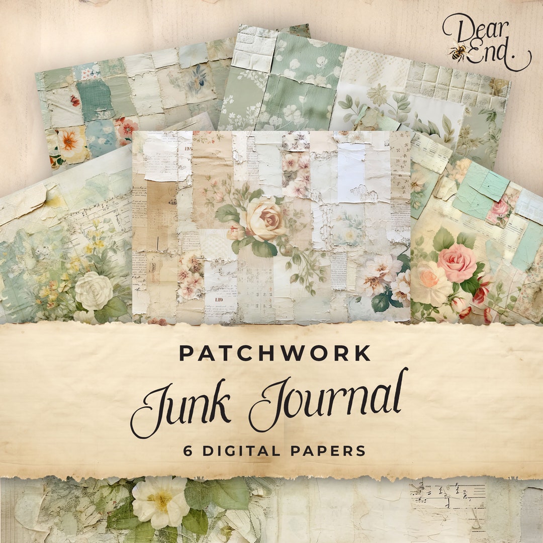 Patchwork Junk Journal Digital Paper, Green Floral 6 Digital Journal ...