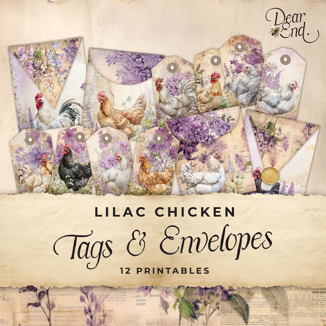 Lilac Chickens Junk Journal Tags & Mini Envelopes, Extras Pack, Digital ...
