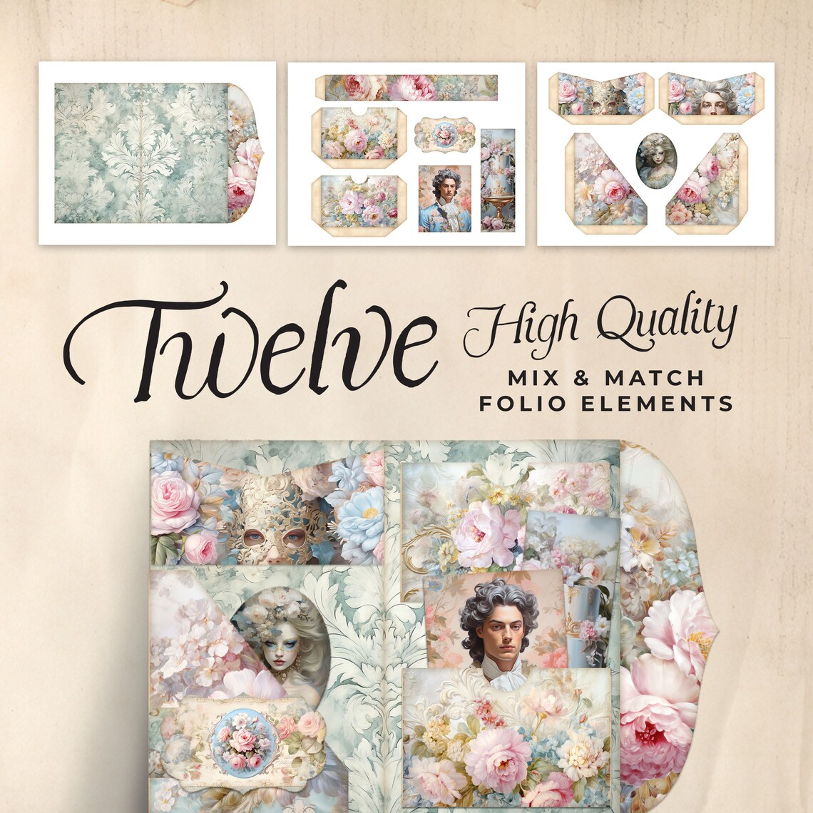 Rococo Junk Journal Folio Printables, 12 Piece Mix Match Pocket Blue ...