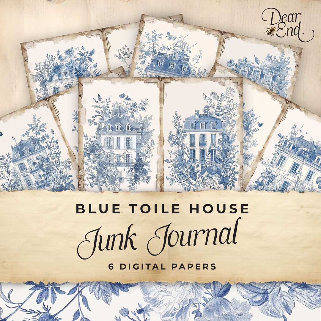 Blue Toile Junk Journal Digital Paper, Floral 6 Digital Journal Pages ...