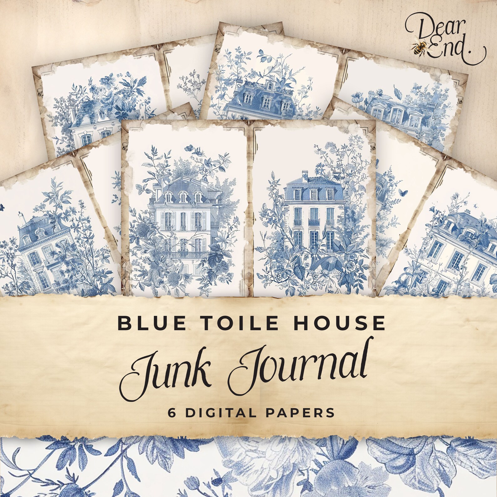 Blue Toile Junk Journal Digital Paper, Floral 6 Digital Journal Pages ...