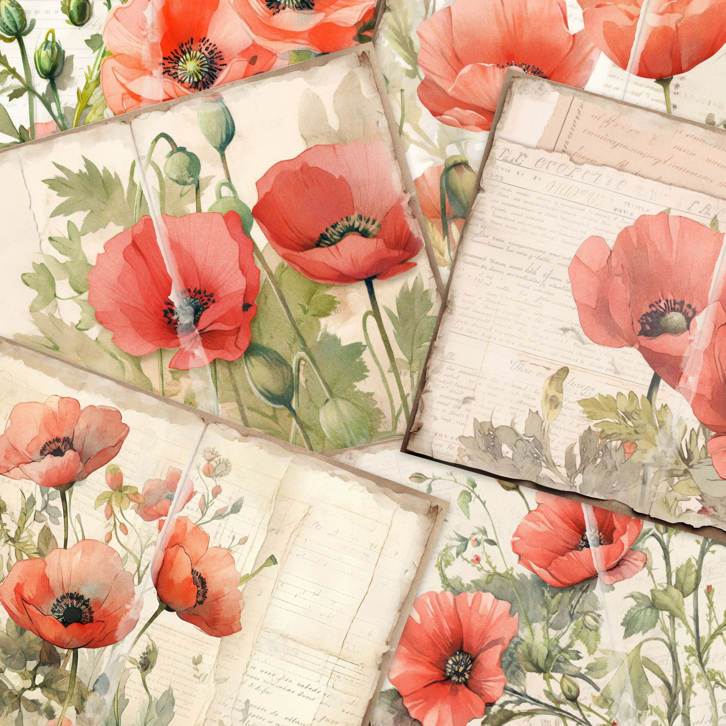 Red Poppy Junk Journal Digital Paper, Poppies 6 Digital Journal Pages ...
